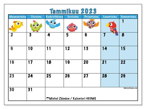 Tulostettavat Kalenteri Tammikuu 2023 483MS Michel Zbinden FI