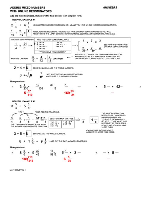 adding mixed numbers with unlike denominators worksheet printable pdf download