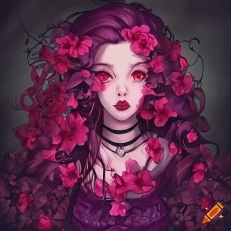 Elegant 90s Anime Woman With Red Eyes Long Curly Magenta Hibiscus
