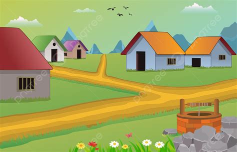 Ilustración De Vector De Escena De Pueblo De Fondo De Dibujos Animados