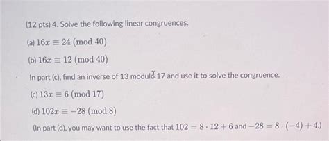 solved 12 pts 4 solve the following linear congruences
