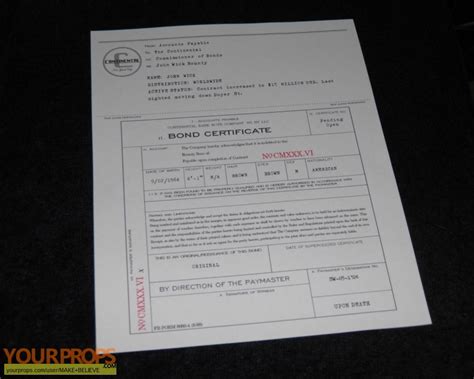John Wick John Wick Bond Certificate Replica Movie Prop
