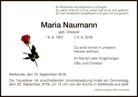 Traueranzeigen Von Maria Naumann Trauer HNA De