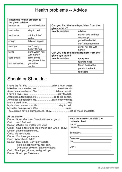 Health Problems Advice English Esl Worksheets Pdf Doc