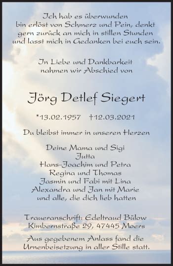 Traueranzeigen von Jörg Detlef Siegert Trauer in NRW de