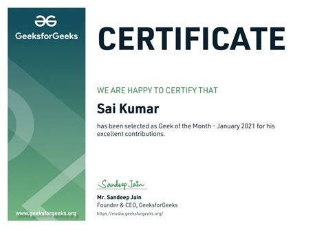 sai kumar certificate geeksforgeeks
