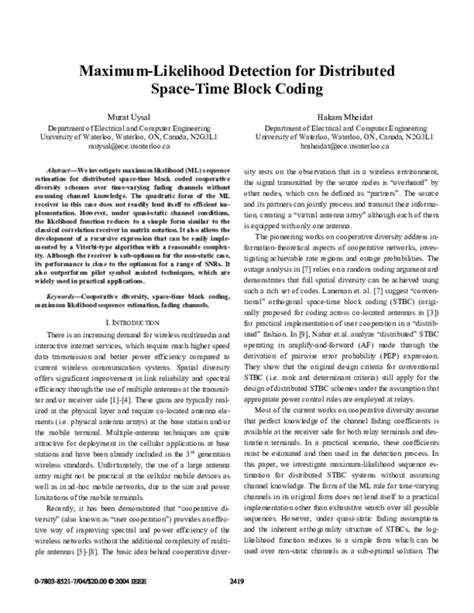 pdf maximum likelihood detection for distributed space time block coding murat uysal