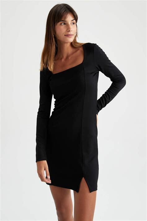 Siyah Kadın Bodycon Vücudu Saran Kare Yaka Uzun Kollu Mini Elbise