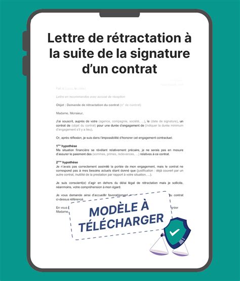 Lettre de rétractation à la suite de la signature dun contrat modèle