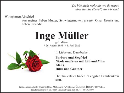 Traueranzeigen von Inge Müller trauer38 de