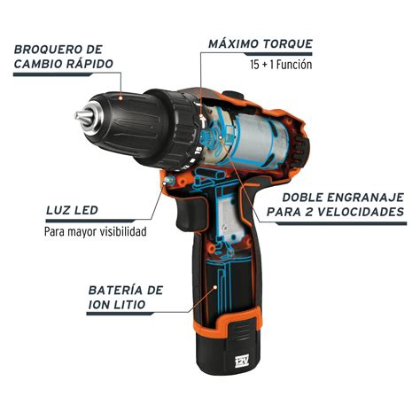 Taladro compacto inalámbrico 3 8 12 V profesional Truper