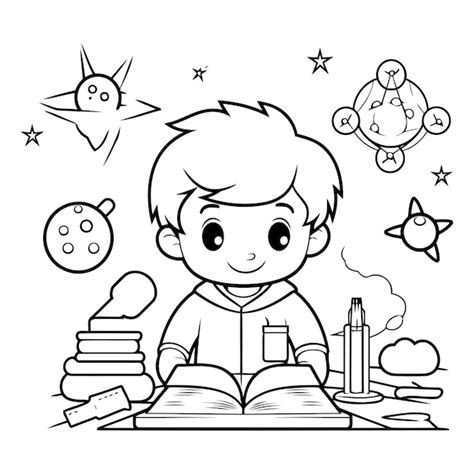 Desenho para colorir de um menino estudando ilustração de vetores