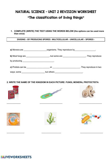 5º The classification of living things Unit 2 worksheet Live