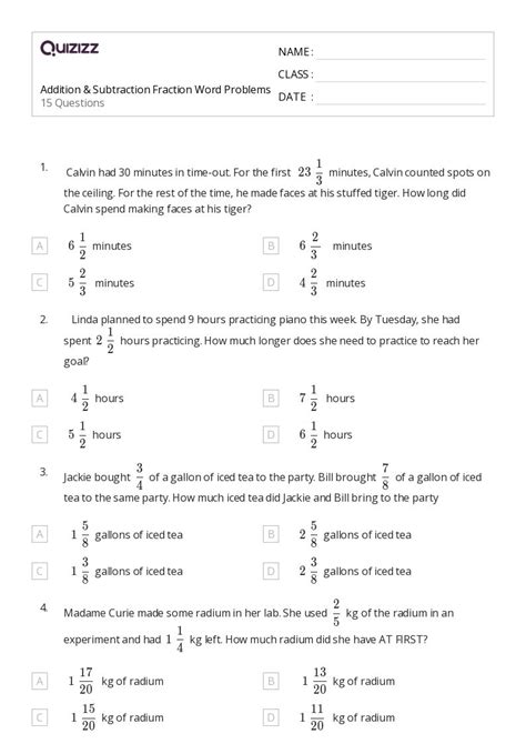 50 Fraction Word Problems Worksheets For 5th Class On Quizizz Free