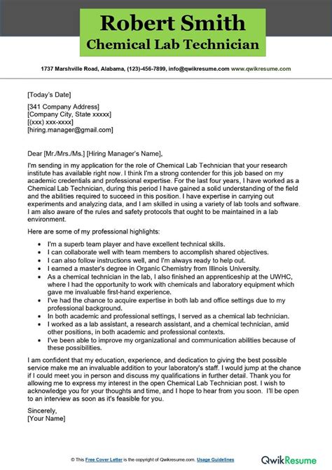 Chemical Lab Technician Cover Letter Examples Qwikresume