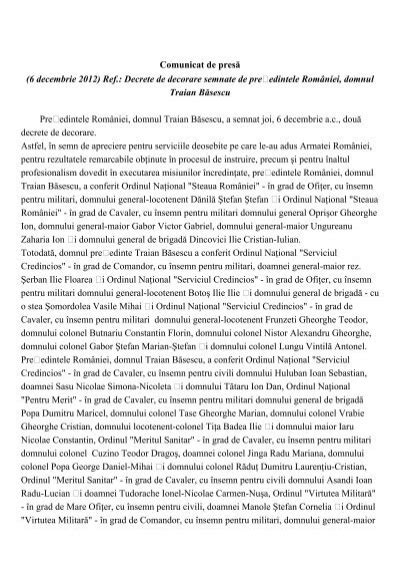 Decrete de decorare semnate de pre edintele RomÃniei domnul