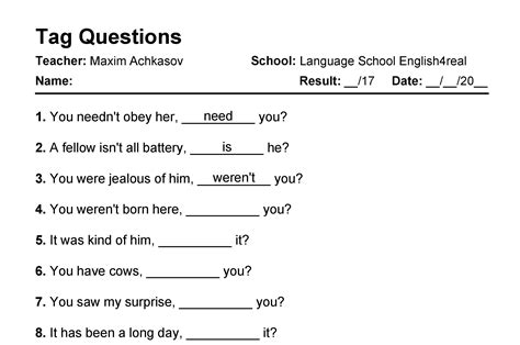 Tag Questions English Grammar Fill In The Blanks Exercises With