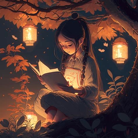 Chica anime leyendo un libro debajo de un árbol con linternas ai