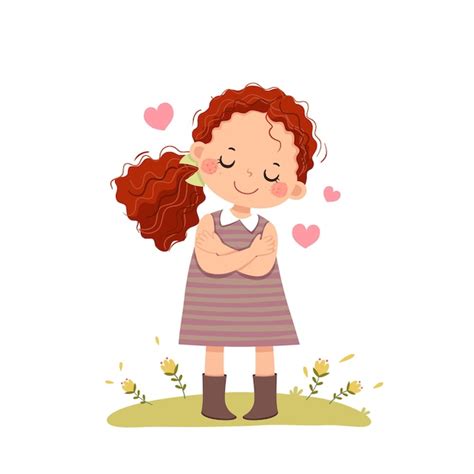 Caricatura de niña de pelo rizado rojo abrazándose a sí misma ámate a