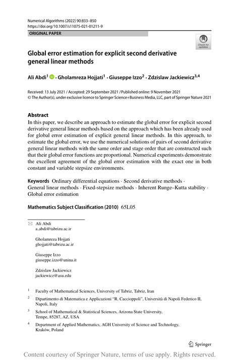 global error estimation for explicit second derivative general linear methods request pdf
