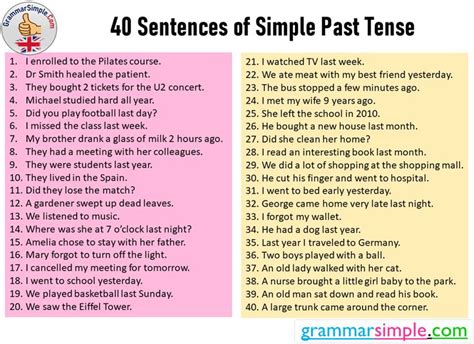 A Poster With The Words 40 Sentences Of Simple Past Tense