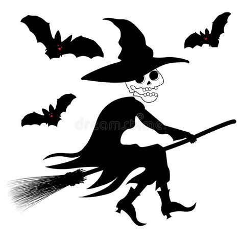 Silhouette Skull Witch Flying On Broomstick With Bats Halloween Signs