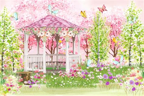 Painel De Tecido Sublimado Jardim De Flores Aquarela Coreto Rosa