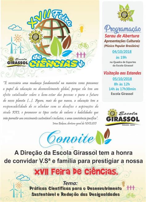 CONVITE XVII FEIRA DE CIÊNCIAS Escola Girassol Remanso Bahia
