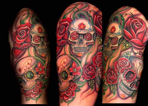 Realistic Sugar Skull Tattoo Sugar Skulls And Roses Half Sleeve