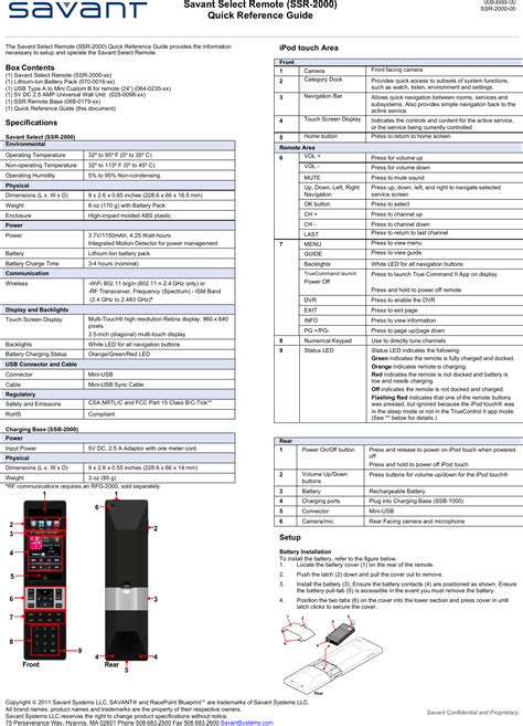 Savant Systems Ssr Wireless Remote User Manual New Ssr Quick