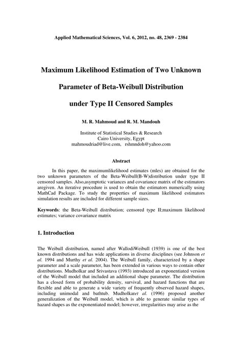 pdf maximum likelihood estimation of two unknown parameters of beta weibull distribution under