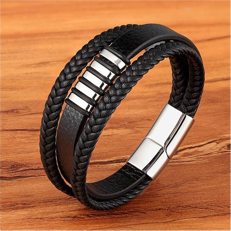 Personalised Stainless Steel Charm Stackable Bracelet Leather Mens
