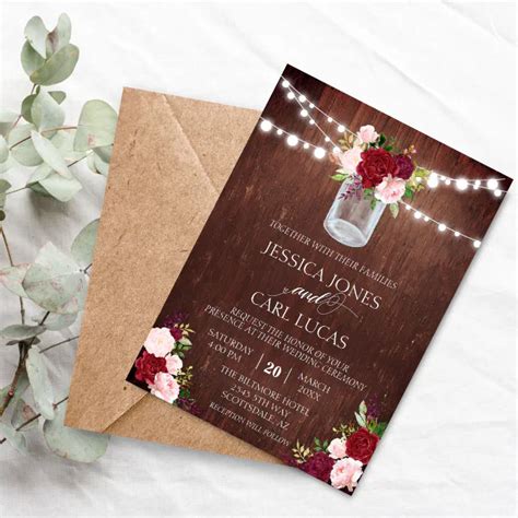 Rustic Wood Burgundy Blush Pink Rose Mason Jar Invitation Zazzle