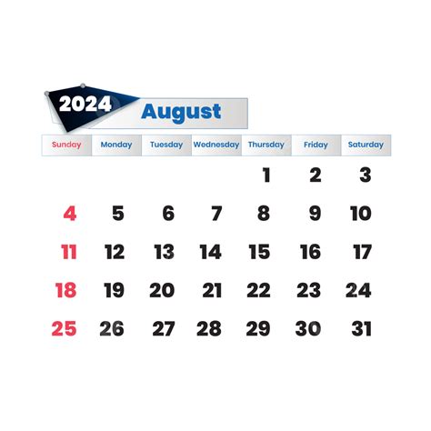 Calendario Mensual Agosto 2024 Con Transparente Vector PNG Agosto