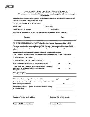 Fillable Online Ase Tufts International Student Transfer Form Tufts