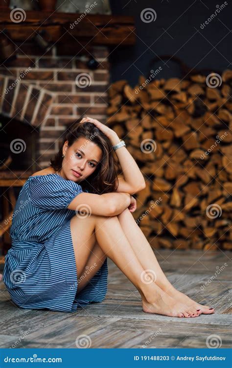 Beautiful Girl In Blue Dress Sit Barefoot On Floor Stock Image Image Of Emotion Care 191488203