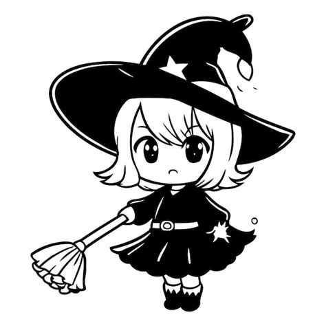 Linda niña bruja con una escoba ilustración vectorial Vector Premium