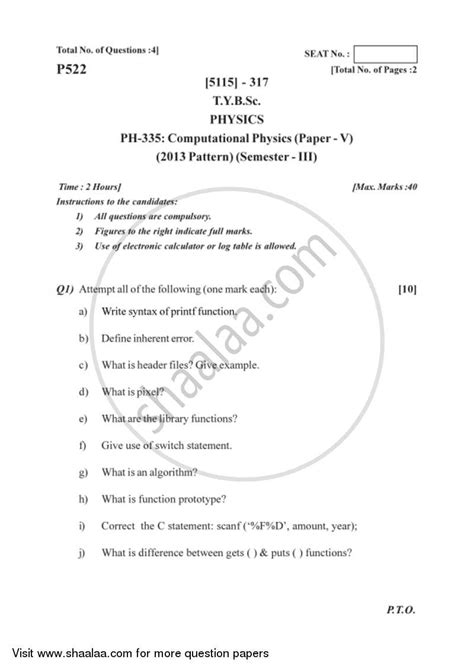 computational physics 2016 2017 b sc physics semester 5 tybsc 2013 pattern question paper with