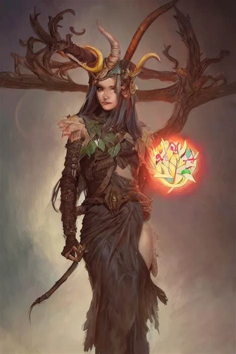 Cute Tiefling Druid With Cute Horns Colorful Leaves Stable Diffusion