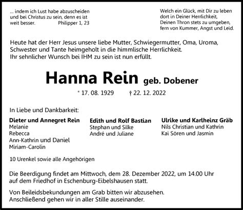 Traueranzeigen Von Hanna Rein Vrm Trauer De