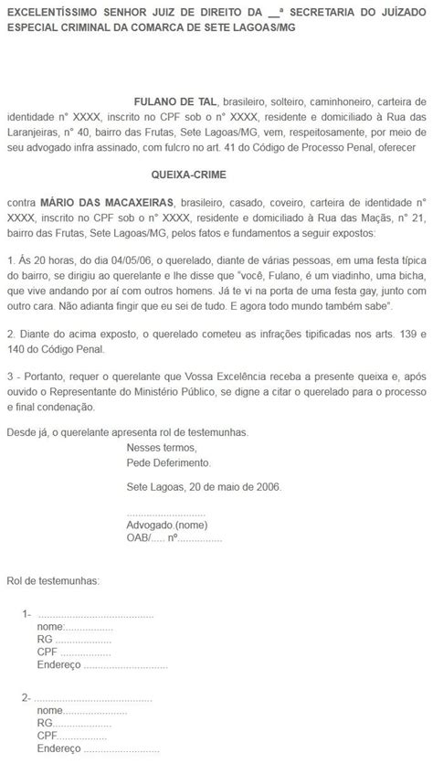Modelo de Queixa crime injuria calunia difamação ameaça exemplos
