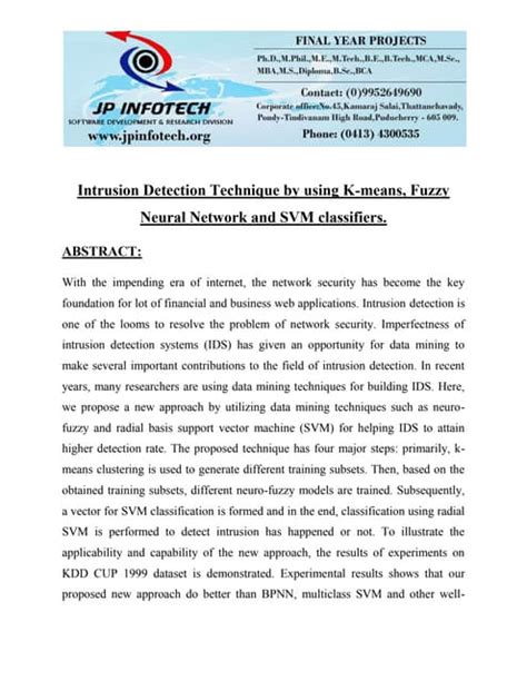 intrusion detection technique by using k means fuzzy neural network and svm classifiers pdf