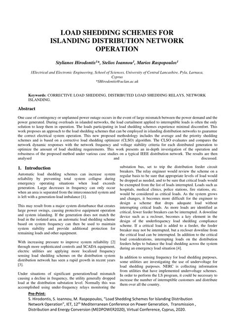 pdf load shedding schemes for islanding distribution network operation