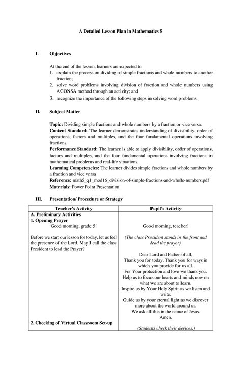 A Detailed Lesson Plan In Mathematics Objectives At The End Of The