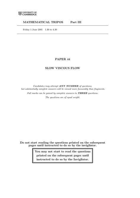 slow viscous flow math tripos exam docsity