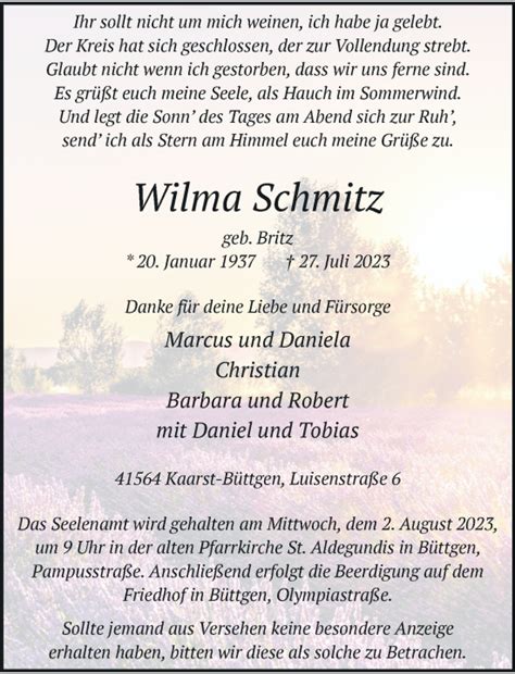 Alle Traueranzeigen F R Wilma Schmitz Trauer Rp Online De