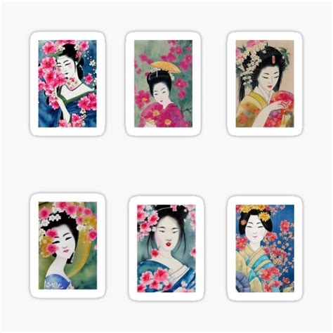 Japanese Geishas Watercolor Paintings Sticker Pack Sticker For Sale