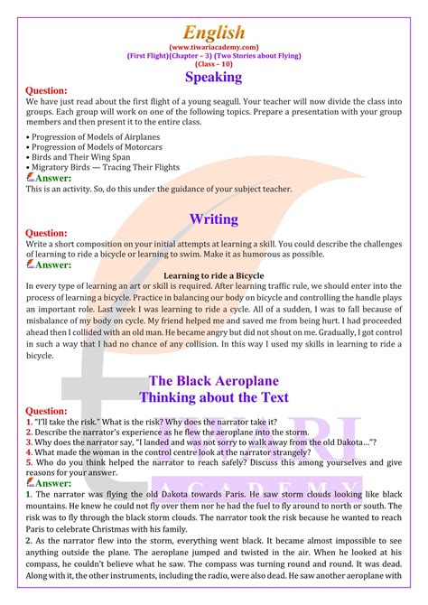 NCERT Solution For Class 10 English Chapter 3 Two Stories About Flying