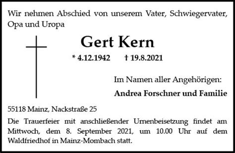 Traueranzeigen Von Gert Kern Vrm Trauer De