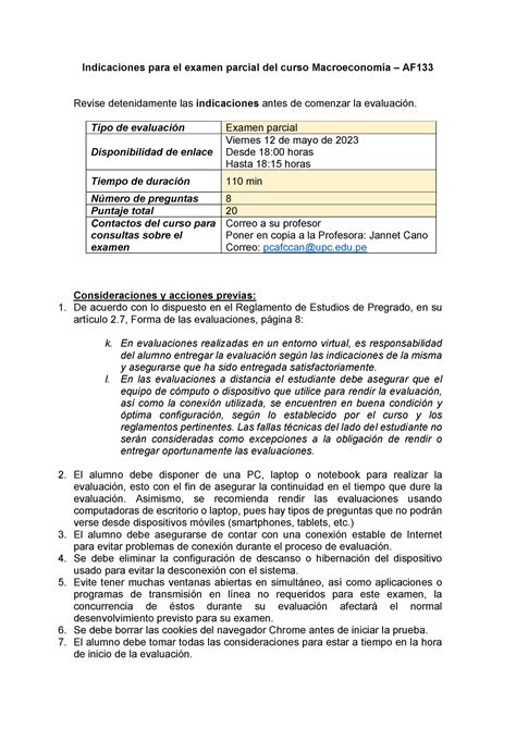 Indicaciones para las evaluaciones en el curso Macroeconomía AF133 EA